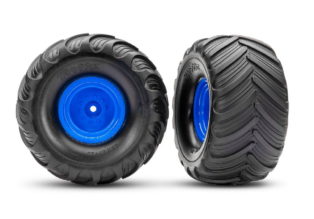 3665-BLUE Traxxas Terra Groove Tires mounted on blue wheels (2)(front)